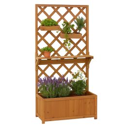 Hochbeet MCW-P68, Pflanz-/Blumenkasten Rankgitter Rankhilfe Ablage H&auml;ngek&auml;sten Holz MVG 135x70x30cm ~ natur