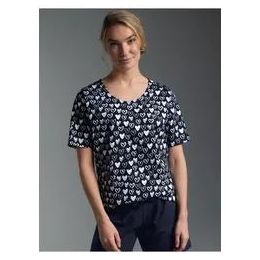 T-Shirt TRIGEMA "TRIGEMA T Shirt mit Allover-Druck "Herzen", Damen, Gr. L, navy, Single Jersey, 100% Baumwolle, Basic, Rundhals, Shirts T-Shirt