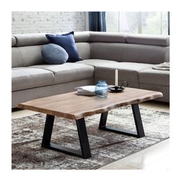 FineBuy Couchtisch Akazie Massiv 115cm Rechteckiger Wohnzimmertisch Baumkante Metallkufe