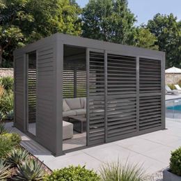 Alu Pergola MCW-L46, Pavillon Terrassen&uuml;berdachung, 6x Lamellenpaneel 6x Schiebet&uuml;ren, 11cm-Gestell, 3x3m ~ anthrazit