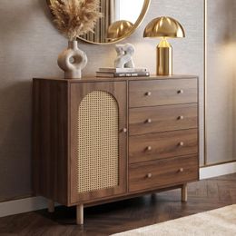 Kommode MCW-P52, Schrank Sideboard Highboard, Schubladen Stauf&auml;cher, Poly-Rattan MDF Melamin 95x100x40cm ~ braun