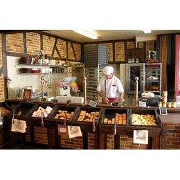Fototapete papermoon "B&Auml;CKEREI-STEINWAND ZIEGELWAND HOLZ STRUKTUR BISTRO DEKO", bunt, B:3m L:2,23m, Vlies, Tapeten