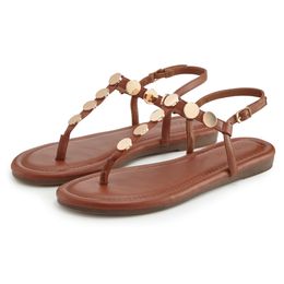 Sandale Vivance "Sommerschuh, offener Schuh, Sandalette", Damen, Gr. 38, camelfarben, Obermaterial: 100% Lederimitat. Decksohle: 100% Lederimitat. Futter: 100% Lederimitat. Laufsohle: 100% Synthetik, gl&auml;nzend, unifarben, Basic, Schuhe Sandale, mit goldfarbenen Schmuckelementen VEGAN