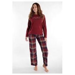 Schlafanzug Tom Tailor "Xanthi", Damen, Gr. 38 (M), rot (rot, mittel, karo), Obermaterial: 95% Baumwolle, 5% Elasthan, bequem lang, Rundhals, Homewear-Sets Schlafanzug, Rundhalsausschnitt, Hose kariert, lang&auml;rmelig