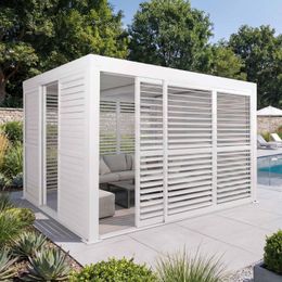 Alu Pergola MCW-L46, Pavillon Terrassen&uuml;berdachung, 6x Lamellenpaneel 6x Schiebet&uuml;ren, 11cm-Gestell, 3x3m ~ wei&szlig;