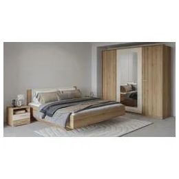 Schlafzimmer-Set Home Affaire "Bitry,Set 4-St(Bett 180 cm, 2xNako, Dreht&uuml;renschrank)", braun (wildeiche), B:184cm H:86cm T:205cm, FSC-zertifizierter Holzwerkstoff, Melamin, Schlafzimmerm&ouml;bel-Sets, Komplettschlafzimmer, viel Stauraum, f&uuml;hlbare Struktur, Holzoptik