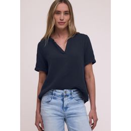 Kurzarmbluse Street One, Damen, Gr. 34, shadowed navy, Web, 100% Baumwolle, unifarben, normal normal, Rundhals, B&uuml;ndchen, Blusen, aus reiner Baumwolle