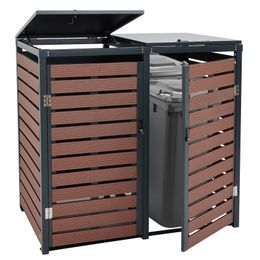 XL 2er-/4er-M&uuml;lltonnenverkleidung MCW-K14, M&uuml;lltonnenbox, 119x140x102cm WPC Metall 86kg ~ Walnuss-Holzoptik