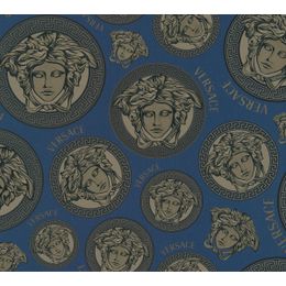 Vliestapete Versace "Wallpaper Versace 5 Medusakopf", blau (blau perlwei&szlig; schwarz), B:0,7m H:0,01m L:10,05m, Vinyl, Vlies, Tapeten, Designertapete Tapeten Wohnzimmer Schlafzimmer K&uuml;che Flur Design Optik