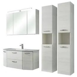 Badm&ouml;bel-Set SAPHIR "Quickset 936 4-teilig, Glaswaschtisch und LED-Spiegelschrank", wei&szlig; (eiche wei&szlig; quer nachbildung), B:172cm T:49cm, Holzwerkstoff, Keramik, MDF, Kastenm&ouml;bel-Sets, Badm&ouml;bel-Set, 2 Hochschr&auml;nke, Eiche Wei&szlig; quer Nachbildung, inkl. T&uuml;rd&auml;mpfer, 9 T&uuml;ren