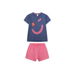 Schlafanzug Sanetta "Pyjama Pyjama Teenager Smiley kurz", M&auml;dchen, Gr. 140, bunt (blau, pink), Obermaterial: 100% Baumwolle CO., Homewear-Sets Schlafanzug