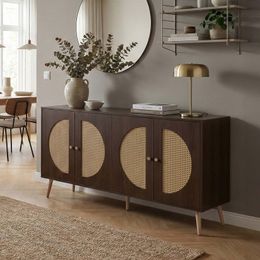 Sideboard MCW-P49, Schrank Kommode mit T&uuml;ren Anrichte Stauf&auml;cher, Poly-Rattan MDF Melamin 80x160x40cm ~ Walnuss-Optik