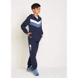 bonprix Trainingsanzug aus reiner Bio-Baumwolle (2-tlg. Set), blau, Gr.128/134, Angesagter Jungen Sweat-Anzug mit Blockstreifen-Design, aus 100% Baumwolle