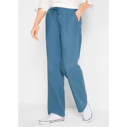 Leinenhose bonprix, Damen, Gr. 50, N-Gr, blau (jeansblau), Web, Obermaterial: 55% Leinen, 45% Baumwolle, unifarben, loose fit lang, Hosen, Loose Fit, mit Kordelzugbund, mit Eingrifftaschen, mit Ges&auml;&szlig;taschen