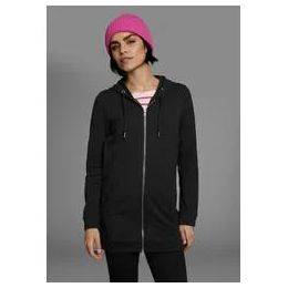 Sweatjacke Flashlights, Damen, Gr. 48/50, schwarz, Interlock, Obermaterial: 95% Baumwolle, 5% Elasthan. Kapuzenfutter: 100% Baumwolle, unifarben, Basic, l&auml;ssig geschnitten Po-bedeckend, Sweatjacken Sweatjacke, in langer Form mit Zipper