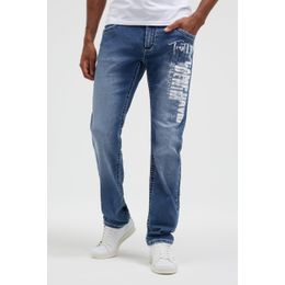 Regular-fit-Jeans CAMP DAVID, Herren, Gr. 38, L&auml;nge 34, mid blau jogg, Sweatware, Material: 68% Baumwolle, 16% Polyester, 14% Lyocell, 2% Elasthan, Zusatz: Enth&auml;lt nichttextile Teile tierischen Ursprungs (Badge), bedruckt, regular fit, Jeans, mit normaler Leibh&ouml;he