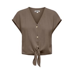 Kurzarmbluse Only "ONLSIESTA SS KNOT LIN BL SHIRT PNT NOOS", Damen, Gr. L, walnut, Web, Obermaterial: 80% Viskose, 20% Leinen, unifarben, regular fit kurz, V-Ausschnitt, Blusen, Viskosemischung, regular fit