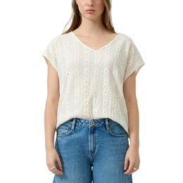 Kurzarmshirt QS, Damen, Gr. L (40), ecru, Jersey, Obermaterial: 98% Polyester, 2% Elasthan, unifarben, normal h&uuml;ftbedeckend, V-Ausschnitt, abgesteppte Kante, Shirts, mit H&auml;kel-Applikationen