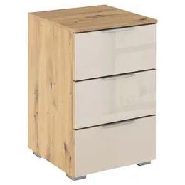Nachtkommode OTTO HOME "Nachttisch Nachtschrank Nachtkonsole AGORDO mit Glasfront", beige (eiche artisan, glas beige (champagner)), B:40cm H:61cm T:42cm, Holzwerkstoff, Sideboards, mit 3 ger&auml;umigen Schubladen f&uuml;r viel Stauraum MADE IN GERMANY
