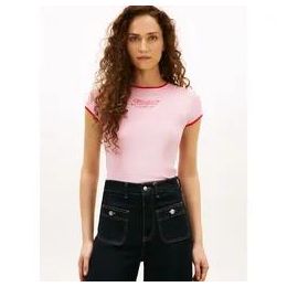 Kurzarmshirt Tommy Hilfiger "TILT GRAPHIC SLIM C-NK SS TEE", Damen, Gr. XS (34), bon. pink, Single Jersey, Obermaterial: 100% Baumwolle, unifarben, slim fit normal, Rundhals, Shirts