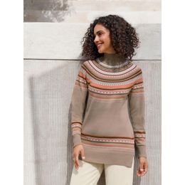 WITT Damen Jacquard-Pullover mit Seitenschlitzen, sesam-braun-gemustert, Gr&ouml;&szlig;e 36
