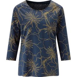 Damen 3/4-Arm-Shirt mit goldfarbenem Bl&uuml;tendruck dunkelblau-goldfarben-bedruckt, Gr&ouml;&szlig;e 46