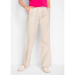 Leinenhose bonprix, Damen, Gr. 36, N-Gr, beige (kieselbeige), Web, Obermaterial: 55% Leinen, 45% Baumwolle, unifarben, loose fit lang, Hosen, Loose Fit, mit Kordelzugbund, mit Eingrifftaschen, mit Ges&auml;&szlig;taschen