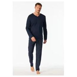 Pyjama Schiesser "Fine Interlock", Herren, Gr. 52, blau (804, blau), Interlock, Obermaterial: 100% Baumwolle, bequem lang, V-Ausschnitt, Homewear-Sets Pyjama, Oberteil in Uni, karierte Hose, V-Neck, Langarm, Baumwolle