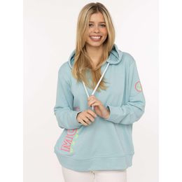 Hoodie Zwillingsherz "Moin Koordinaten", Damen, Gr. S/M, t&uuml;kis, Jersey, Obermaterial: 50% Baumwolle, 50% Polyester, unifarben mit Farbeins&auml;tzen, h&uuml;ftbedeckend, ohne Ausschnitt, Sweatshirts Hoodie, V-Ausschnitt, mit MOIN und Anker Stickerei, Kapuze und Kordelzug