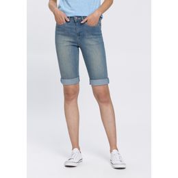 Jeansbermudas Arizona, Damen, Gr. 34, N-Gr, blau (blau used), Denim/Jeans, Obermaterial: 79% Baumwolle, 19% Polyester, 2% Elasthan, Basic, schmal kniefrei, Jeans, schmale Passform, krempelbarer Saum, Usedwaschung, hohe Leibh&ouml;he