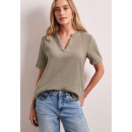 Kurzarmbluse Street One, Damen, Gr. 36, timeless beige, Web, 100% Baumwolle, unifarben, normal normal, Rundhals, B&uuml;ndchen, Blusen, aus reiner Baumwolle