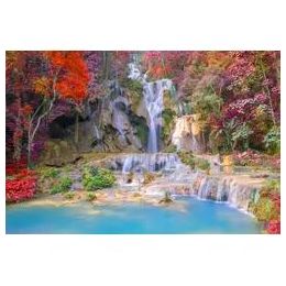 Fototapete papermoon "WASSERFALL-B&Auml;UME FLUSS SEE STEINE BLUMEN BERGE HERBST", bunt, B:4,5m L:2,8m, Vlies, Tapeten