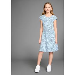 Jerseykleid Kidsworld "Skaterkleid in Allover-Design", M&auml;dchen, Gr. 140/146, N-Gr, blau (blau gebl&uuml;mt), Jersey, Obermaterial: 95% Baumwolle, 5% Elasthan, bedruckt, gebl&uuml;mt, figurumspielend kniefrei, Rundhals, Kleider Jerseykleid, weich fallendes Jersey-Kleid