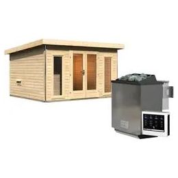 Saunahaus Karibu "Maiko 2B", beige (naturbelassen), Bio-Ofen, externe Steuerung, 9 kW, Saunen, Ofen 9 kW Bio externe Strg easy