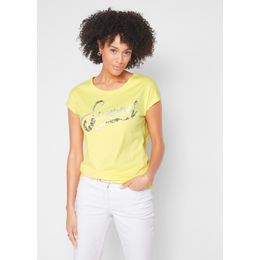 T-Shirt bonprix "Shirt mit Pailletten", Damen, Gr. 48/50 (XL), gelb (limone, silber bedruckt), Obermaterial: 100% Baumwolle, loose fit, Shirts T-Shirt, lockere Passform, Kurzarm, aus Baumwolle