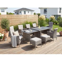 Garten-Essgruppe Konifera "Parla", braun (braun, grau), Polyrattan, Sitzm&ouml;bel-Sets, Gartenm&ouml;bel-Set, 2 der 6 Sessel sind verstellbar, Grau, Tischplatte aus Sicherheitsglas, Topseller