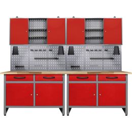 Werkstatt-Set ONDIS24 "Werner", rot, B:240cm H:205cm, Massivholz, Metall, Werkb&auml;nke, 240 cm, mit LED