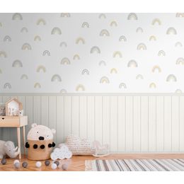 Livingwalls Fototapete LIVING WALLS "Wallpanel Tapete Wandpaneele Motivtapete Regenbogen Landhaus", wei&szlig; (creme,beige,gelb), B:1,59m H:0,02m L:2,8m, Vlies, Tapeten, Vliestapete Kinderzimmer f&uuml;r Schlafzimmer Wohnzimmer Wandpaneele Flur