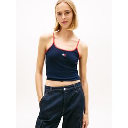 T-Shirt Tommy Jeans "TJW SLIM BADGE STRAPPY TOP", Damen, Gr. M (38), schwarz night navy, Single Jersey, Obermaterial: 95% Baumwolle, 5% Elasthan, unifarben, slim fit h&uuml;ftlang, Balconnet, Shirts T-Shirt, mit den auff&auml;lligen Kontrastdetails