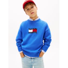 Strickpullover Tommy Hilfiger "WAVY FLAG SWEATER LS", Jungen, Gr. 12 (152), empire blau, Strick, Obermaterial: 100% Baumwolle, unifarben, normal, Rundhals, Rippstrickb&uuml;ndchen, Pullover Strickpullover, Kinder bis 16 Jahre, Rundhals