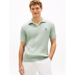 Poloshirt Tommy Hilfiger "CABLE SHORT SLEEVE POLO", Damen, Gr. XL, minty grau, Strick, Obermaterial: 100% Baumwolle, regular fit normal, Rippb&uuml;ndchen, Shirts, regular fit, Zopfmuster