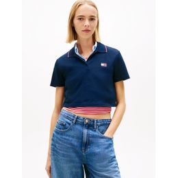 Poloshirt Tommy Jeans "TJW CRP BADGE SHORT SLEEVE POLO", Damen, Gr. L (40), schwarz night navy 1, Piqu&eacute;, Obermaterial: 97% Baumwolle, 3% Elasthan, unifarben, gerade taillenlang, V-Ausschnitt, abgesteppte Kante, Shirts, mit verk&uuml;rztem Schnitt, Boxy Fit