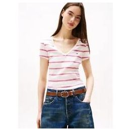 Tommy Hilfiger Kurzarmshirt TOMMY JEANS "TJW SLIM ESSENTIAL RIB V SHORT SLEEVE", Damen, Gr. XL (42), ancient wei&szlig;, cerise stripe, Feinripp, Obermaterial: 95% Baumwolle, 5% Elasthan, gestreift, slim fit kurz, tiefer V-Ausschnitt, abgesteppt, Shirts, mit gerippter Struktur, V-Ausschnitt, Slim Fit