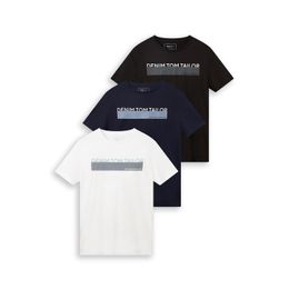 Tom Tailor Denim Herren T-Shirt mit Print im 3er-Pack, schwarz, Uni, Gr. XS