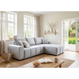 Ecksofa Home Affaire "Bello L-Form, B: 256 cm", silbergrau, B:256cm, 100% Polyester, Sofas, Ecksofa, Bettfunktion, Bettkasten & 2 Zierkissen, Federkern