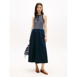 A-Linien-Kleid Tommy Hilfiger "GOLD BUTTON POPLIN MIX DRESS", Damen, Gr. L (42/44), N-Gr, breton stripe schwarz night, ecru, Web, Obermaterial: 100% Baumwolle, gestreift, tailliert lang, Rundhals, Kleider A-Linien-Kleid, Baumwollmischung, mit goldfarbenen Kn&ouml;pfen