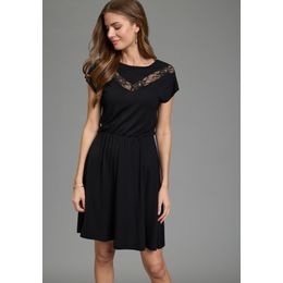Abendkleid Laura Scott, Damen, Gr. 34, N-Gr, schwarz, Jersey, Obermaterial: 95% Viskose, 5% Elasthan. Spitze: 100% Polyester, unifarben, figurumspielend mini, Rundhals, angeschnitten, Kleider Abendkleid, mit U-Boot-Ausschnitt, mit Spitzenapplikationen, unifarben, Kurzarm