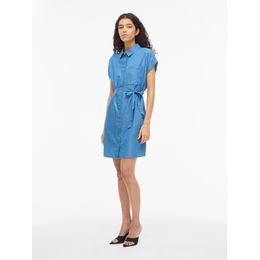 Blusenkleid Vila "VINORI S/S SHIRT DRESS - NOOS", Damen, Gr. 34, N-Gr, medium blau denim, Web, Obermaterial: 67% Baumwolle, 33% Lyocell, unifarben, regular fit kurz, Kleider Blusenkleid, Sommerkleid, im Denim Look