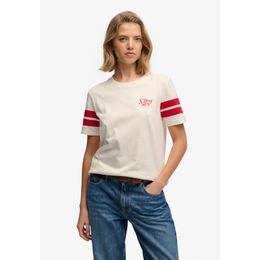 Print-Shirt Superdry "VARSITY STRIPE SCRIPT TEE", Damen, Gr. L, cream, Single Jersey, Obermaterial: 100% Baumwolle, bedruckt, unifarben mit Farbeinsatz, relaxed fit normal, Rundhals, Shirts Print-Shirt
