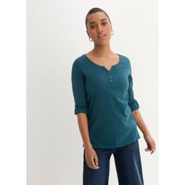 Langarmshirt bonprix, Damen, Gr. 40/42 (M), blaupetrol, Jersey, Obermaterial: 100% Baumwolle, unifarben, gerade Po-bedeckend, Rundhals, Krempel&auml;rmel,mit Knopf,mit Riegel, Shirts Langarmshirt, gerade Passform, Krempel&auml;rmel, Henley-Ausschnitt